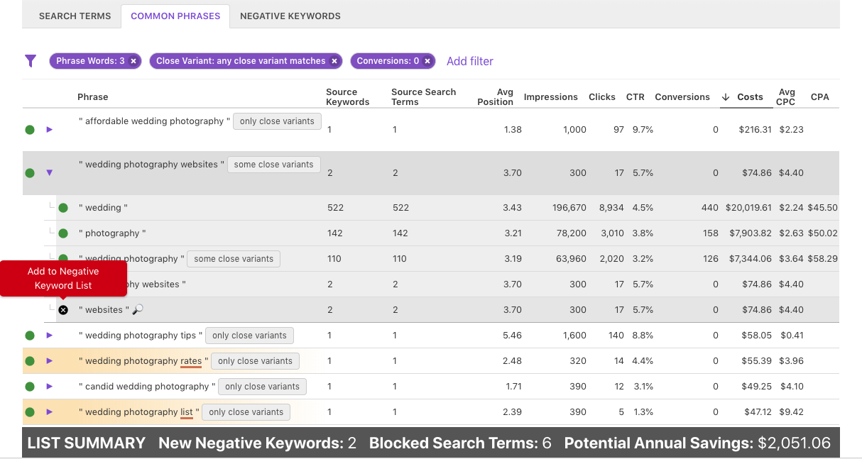 Negative Keywords Match Type Search Term Tool